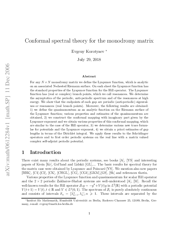 (PDF) Conformal spectral theory for the monodromy matrix