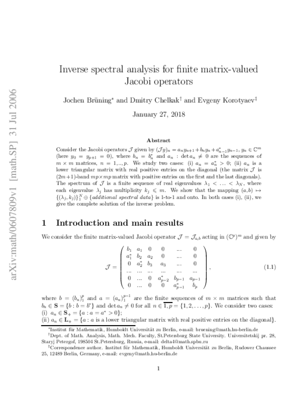 Pdf Inverse Spectral Analysis For Finite Matrix Valued Jacobi Operators