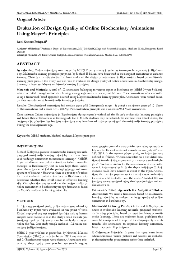 (PDF) EVALUATION OF DESIGN QUALITY OF ONLINE BIOCHEMISTRY ANIMATIONS ...