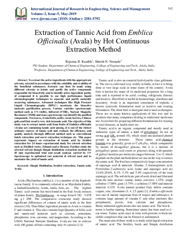 (PDF) Extraction of Tannic Acid from Emblica Officinalis ( Avala ) by Hot Continuous Extraction ...