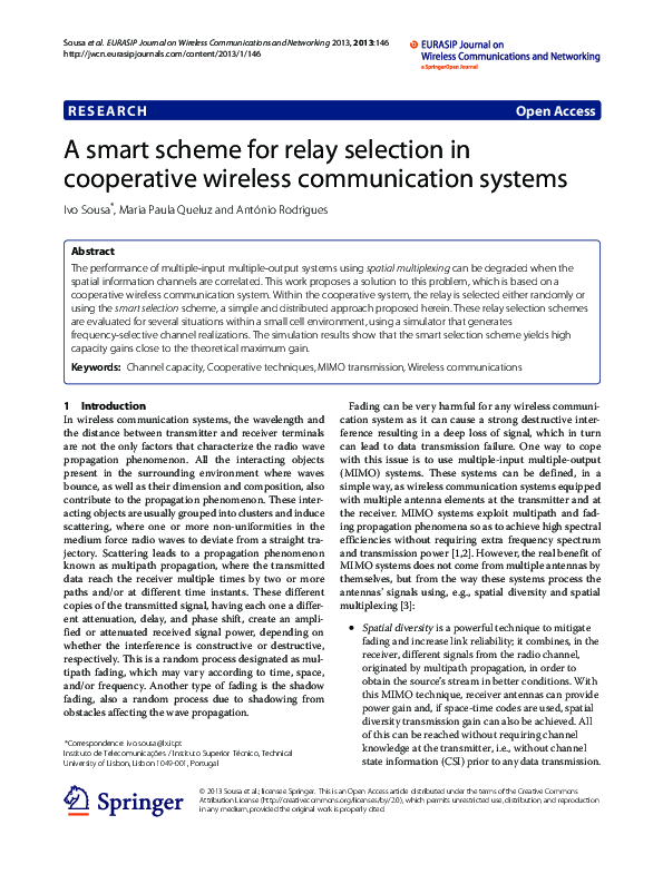 Pdf A Smart Scheme For Relay Selection In Cooperative Wireless Communication Systems