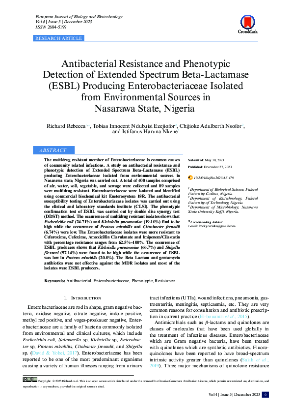 (PDF) Antibacterial Resistance and Phenotypic Detection of Extended Spectrum Beta-Lactamase ...