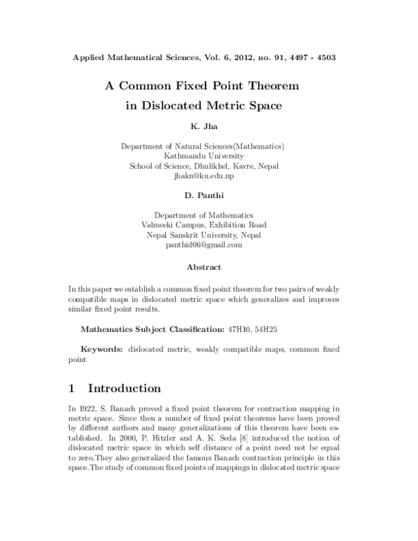 (PDF) A Common Fixed Point Theorem in a Cone Metric Space | Kanhaiya ...