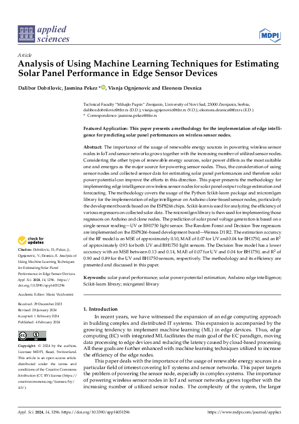 (PDF) Analysis of Using Machine Learning Techniques for Estimating Solar Panel Performance in ...