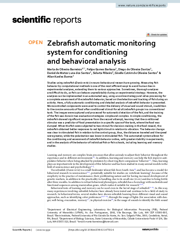 (PDF) Zebrafish automatic monitoring system for conditioning and behavioral analysis
