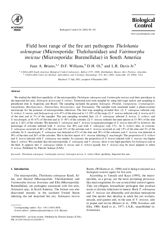(PDF) Field host range of the fire ant pathogens Thelohania solenopsae ...