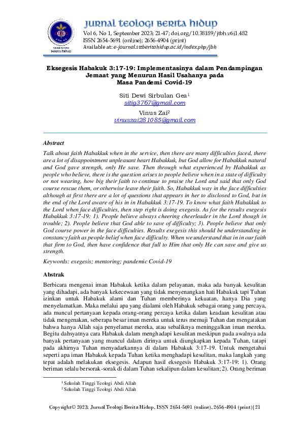 (PDF) Studi Eksegesis Habakuk 3:17-19: Implementasinya dalam Pendampingan Jemaat yang Menurun ...
