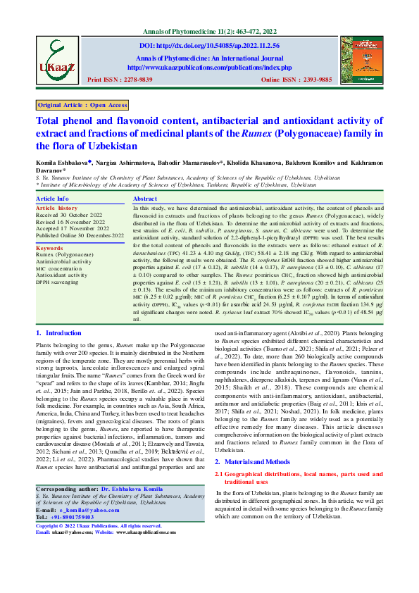 (PDF) Total phenol and flavonoid content, antibacterial and antioxidant activity of extract and ...