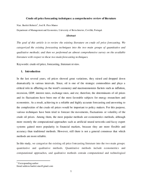 Pdf Crude Oil Price Forecasting Techniques A Comprehensive Review Of Literature
