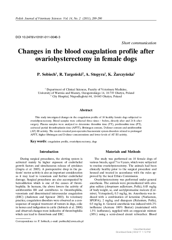 (PDF) Changes in the blood coagulation profile after ovariohysterectomy ...