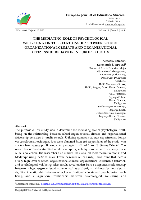 (PDF) The Mediating Role of Psychological Well-Being on the Relationship Between School ...