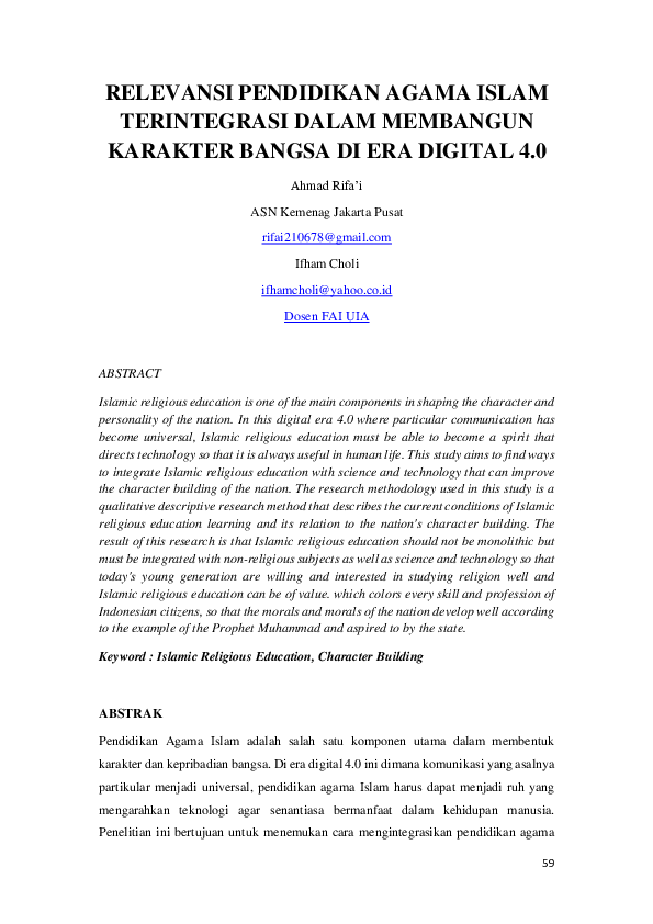 (PDF) Relevansi Pendidikan Agama Islam Terintegrasi Dalam Membangun Karakter Bangsa DI Era ...