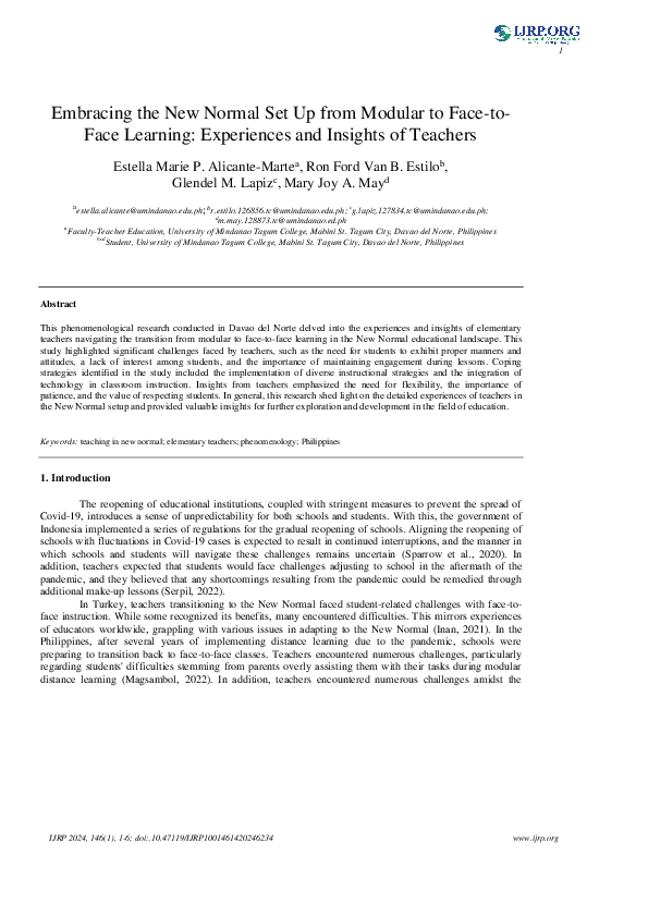 (PDF) Embracing the New Normal Set Up from Modular to Face-to-Face ...