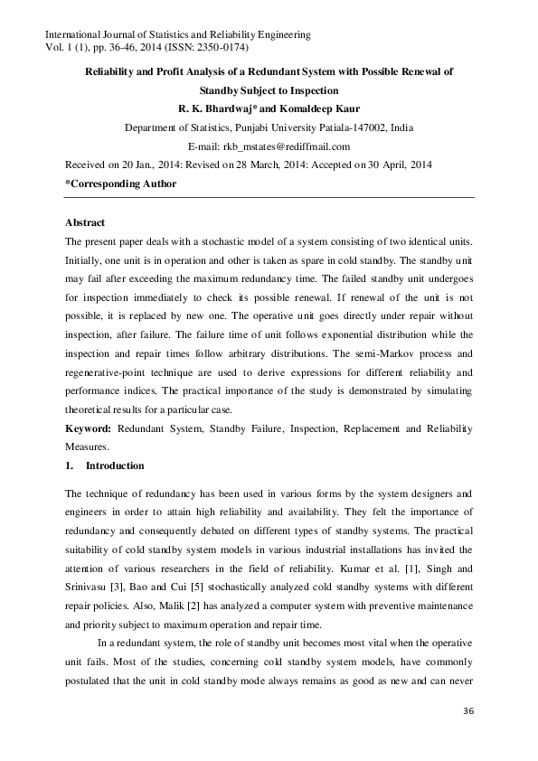 (PDF) Reliability and Profit Analysis of a Redundant System with Possible Renewal of Standby ...