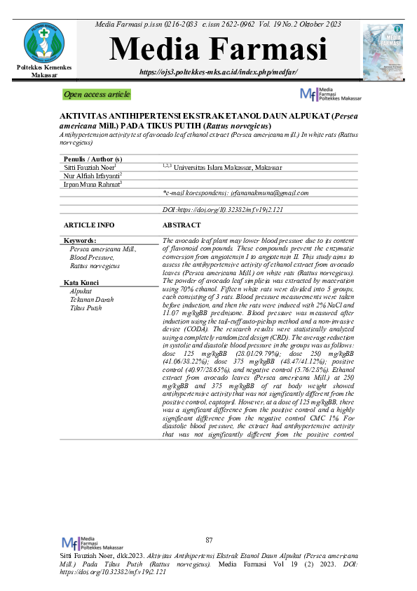 (PDF) Aktivitas Antihipertensi Ekstrak Etanol Daun Alpukat (Persea americana Mill.) Pada Tikus ...