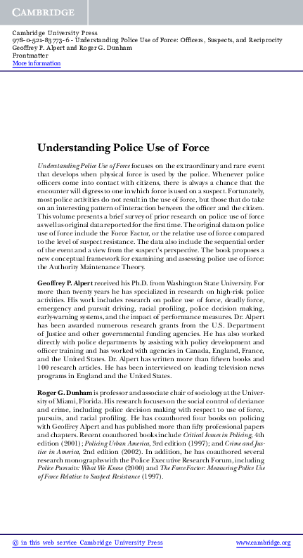(PDF) Understanding Police Use of Force: Officers, Suspects, and Reciprocity
