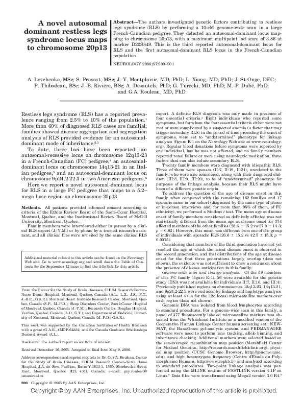 (PDF) A novel autosomal dominant restless legs syndrome locus maps to ...