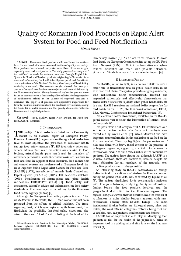 (PDF) Quality of Romanian Food Products on Rapid Alert System for Food ...