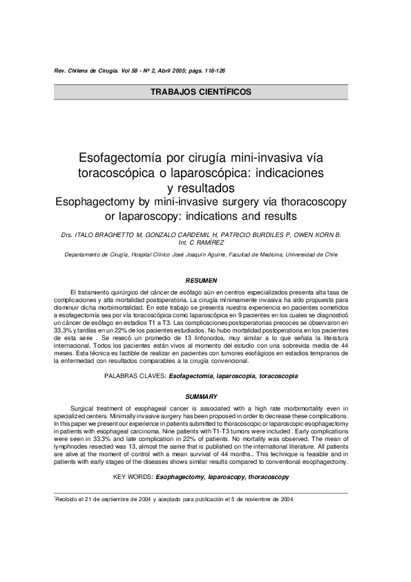 (PDF) Esofagectomía por cirugía mini-invasiva vía toracoscópica o ...