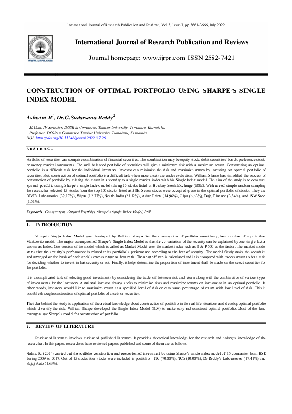 (PDF) Construction of Optimal Portfolio Using Sharpe’s Single Index Model