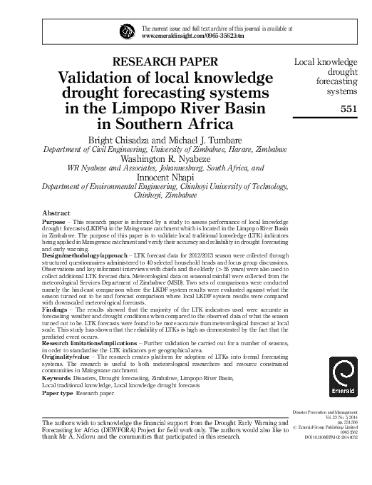 (PDF) Validation of local knowledge drought forecasting systems in the Limpopo River Basin in ...
