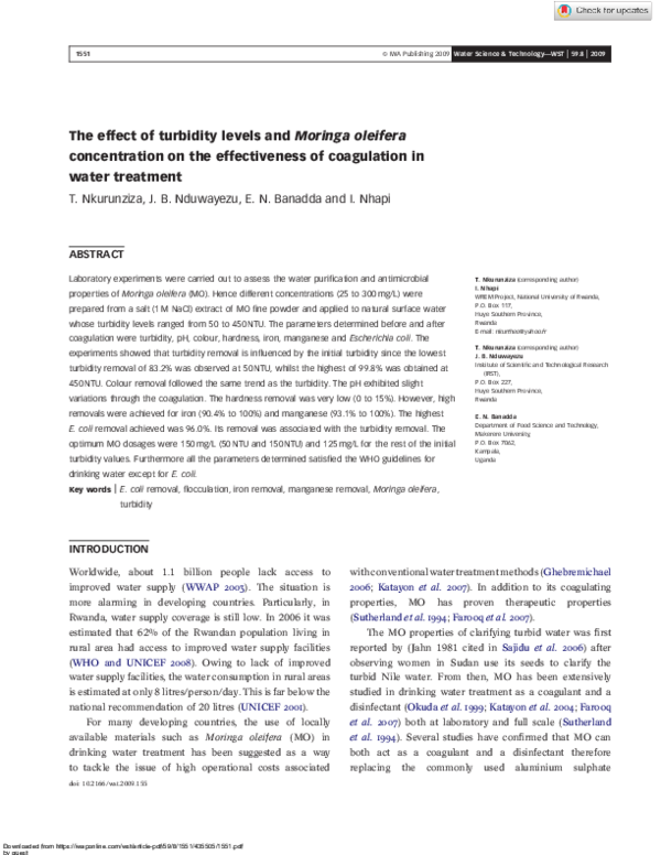 (PDF) Impact of Turbidity and Moringa Concentration on Water Treatment