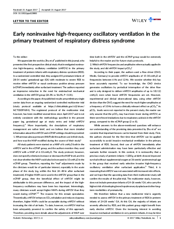 (PDF) Early noninvasive high-frequency oscillatory ventilation in the ...