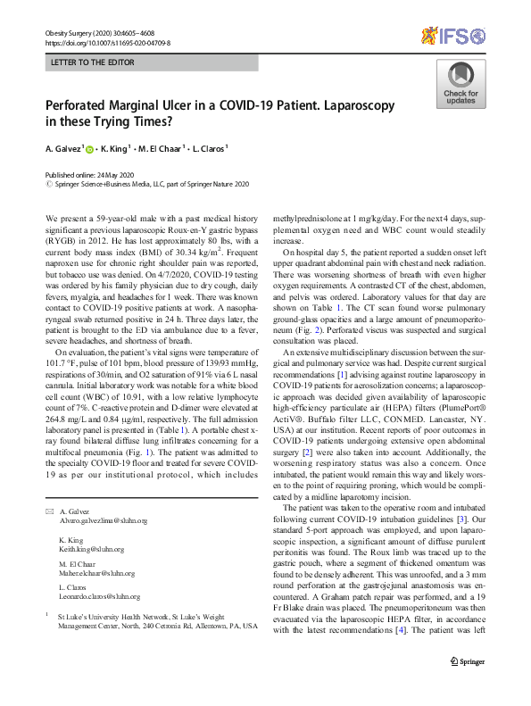 (PDF) Perforated Marginal Ulcer in a COVID-19 Patient. Laparoscopy in ...