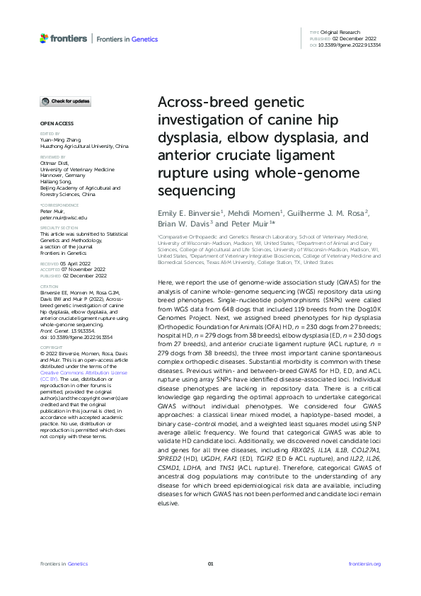 (PDF) Across-breed genetic investigation of canine hip dysplasia, elbow ...