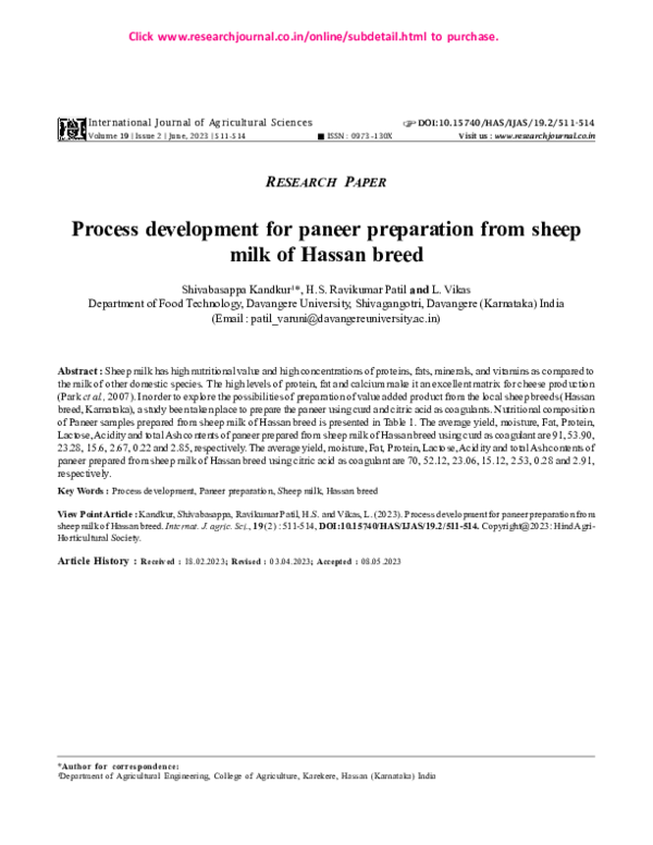 (PDF) Process development for paneer preparation from sheep milk of Hassan breed | Dr.Ravikumar ...