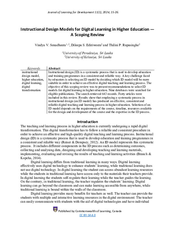 (PDF) Instructional Design Models for Digital Learning in Higher ...