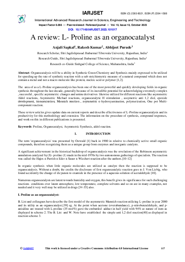 (PDF) A review: L- Proline as an organocatalyst