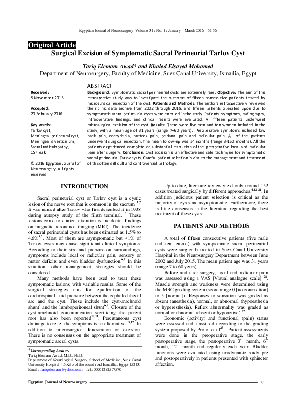 (PDF) Surgical excision of symptomatic sacral perineurial Tarlov cyst ...
