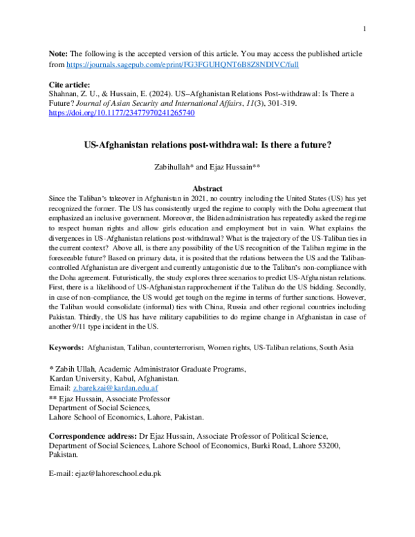 (PDF) US-Afghanistan relations post-withdrawal: Is there a future?