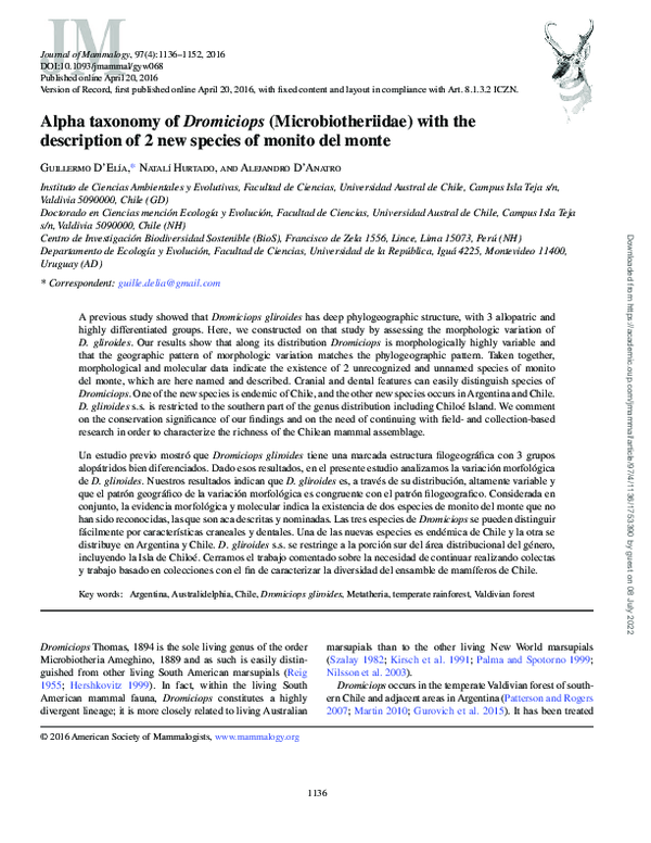 (PDF) Alpha taxonomy of Dromiciops (Microbiotheriidae) with the ...