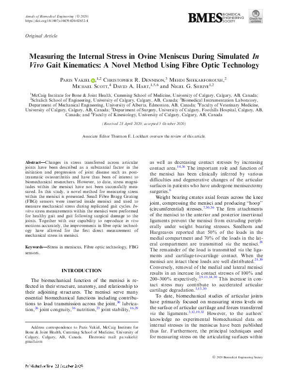 (PDF) Measuring the Internal Stress in Ovine Meniscus During Simulated ...