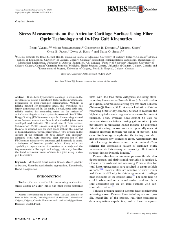 (PDF) Stress Measurements on the Articular Cartilage Surface Using ...