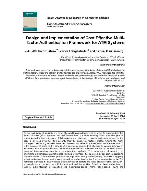 Pdf Design And Implementation Of Cost Effective Multi Factor Authentication Framework For Atm