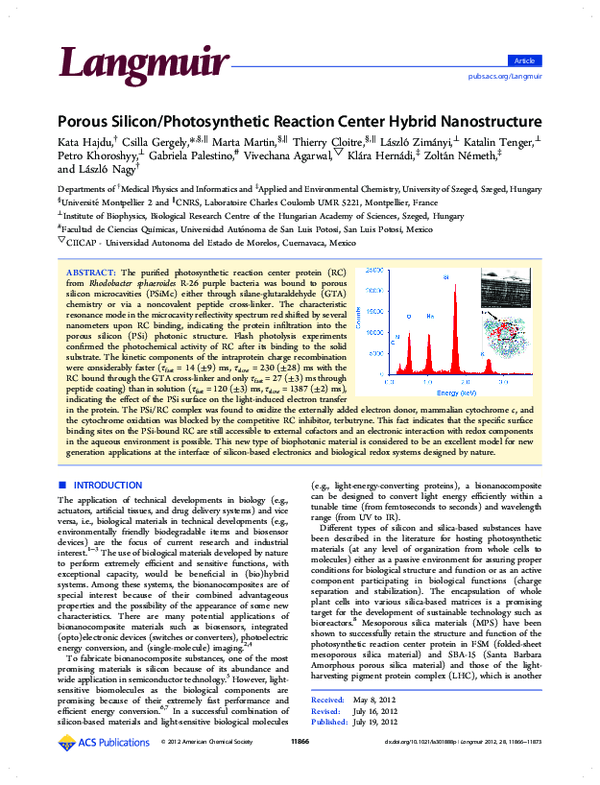 (PDF) Porous Silicon/Photosynthetic Reaction Center Hybrid Nanostructure