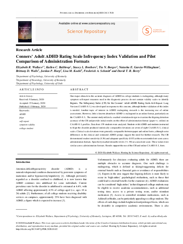 (PDF) Conners’ Adult ADHD Rating Scale Infrequency Index Validation and ...