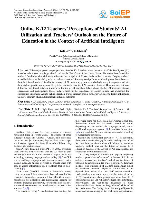 (PDF) Online K-12 Teachers' Perceptions of Students' AI Utilization and Teachers' Outlook on the ...