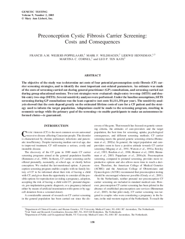 (PDF) Preconception Cystic Fibrosis Carrier Screening: Costs and ...