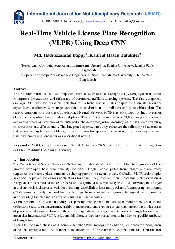 Pdf Real Time Vehicle License Plate Recognition Vlpr Using Deep Cnn