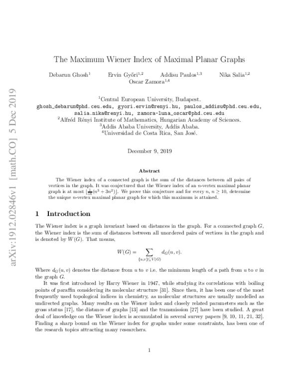 (PDF) The Maximum Wiener Index of Maximal Planar Graphs