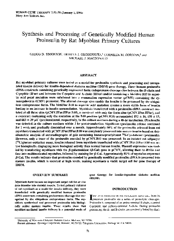 (PDF) Synthesis and Processing of Genetically Modified Human Proinsulin ...