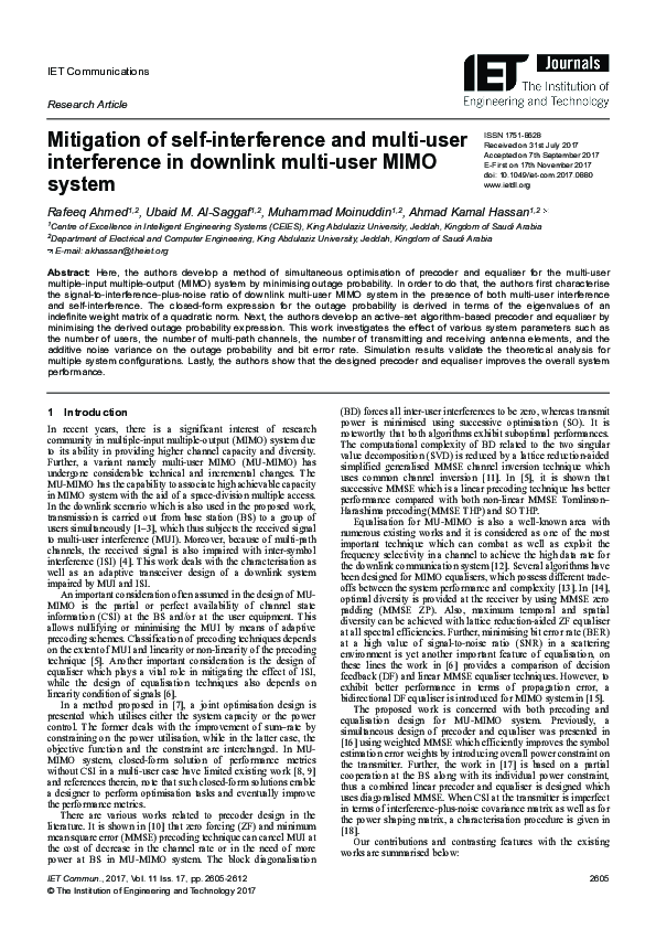 Pdf Mitigation Of Self‐interference And Multi‐user Interference In Downlink Multi‐user Mimo