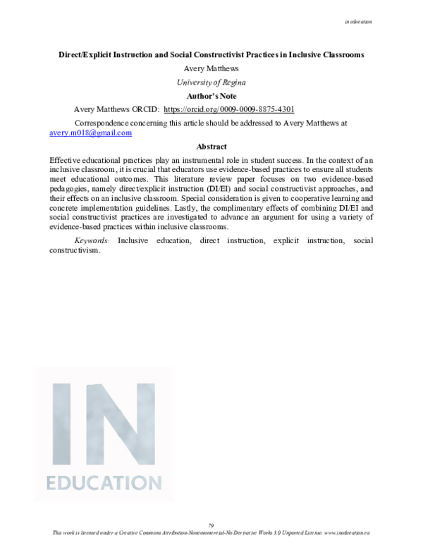 (PDF) Direct/Explicit Instruction and Social Constructivist Practices in The Inclusive Classroom