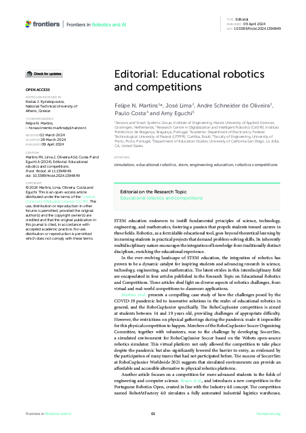 (PDF) Editorial: Educational robotics and competitions