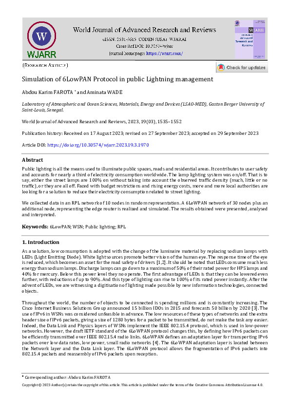 (PDF) Simulation of 6LowPAN Protocol in public Lightning management