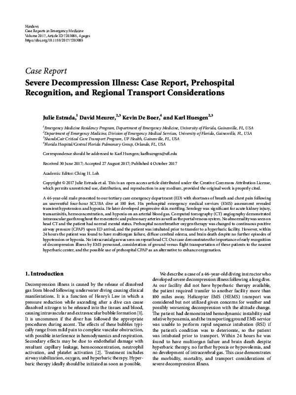 (PDF) Severe Decompression Illness: Case Report, Prehospital ...